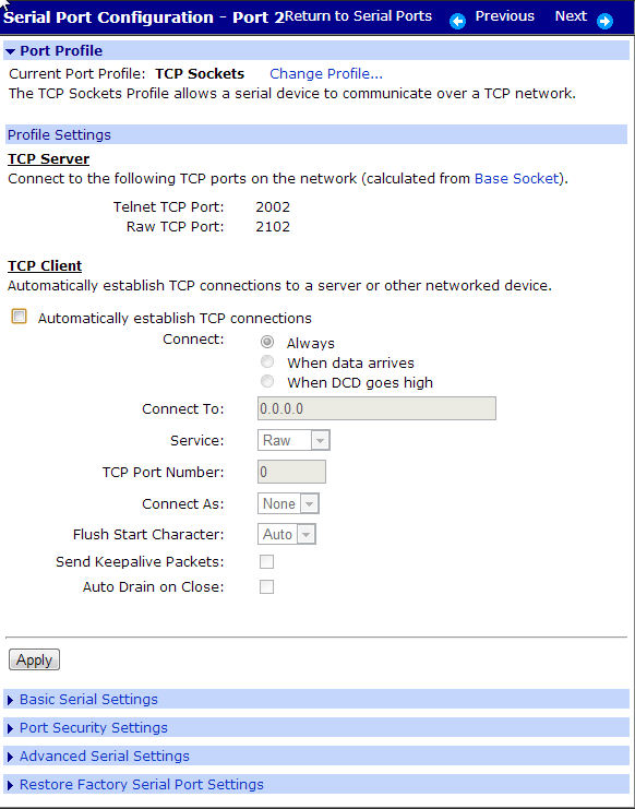 TCP Sockets port profile