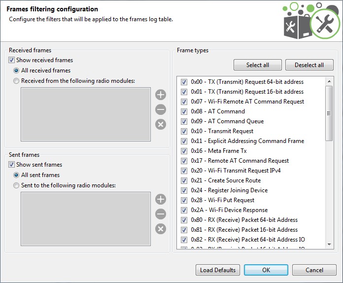 Filter sent and received frames