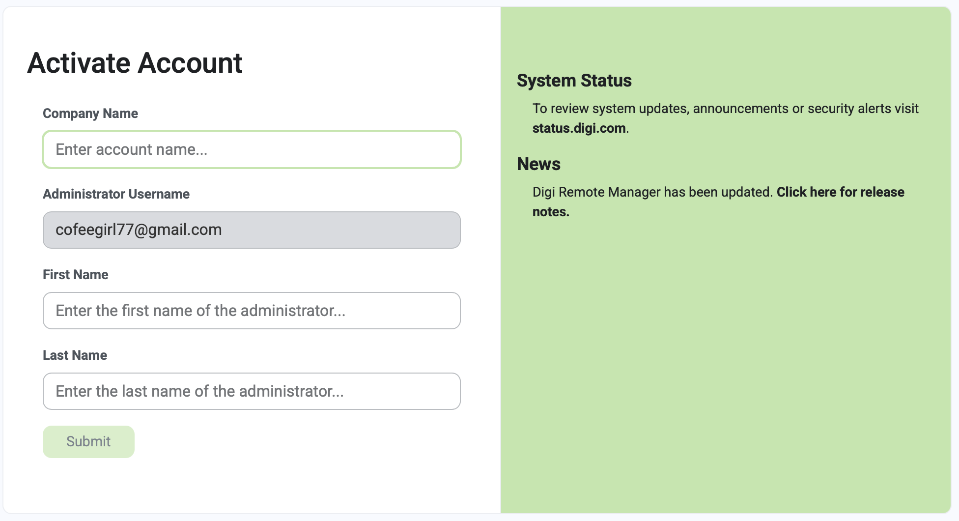 Quick start | New Digi Remote Manager account creation