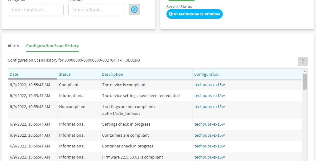 View template scan history for a device