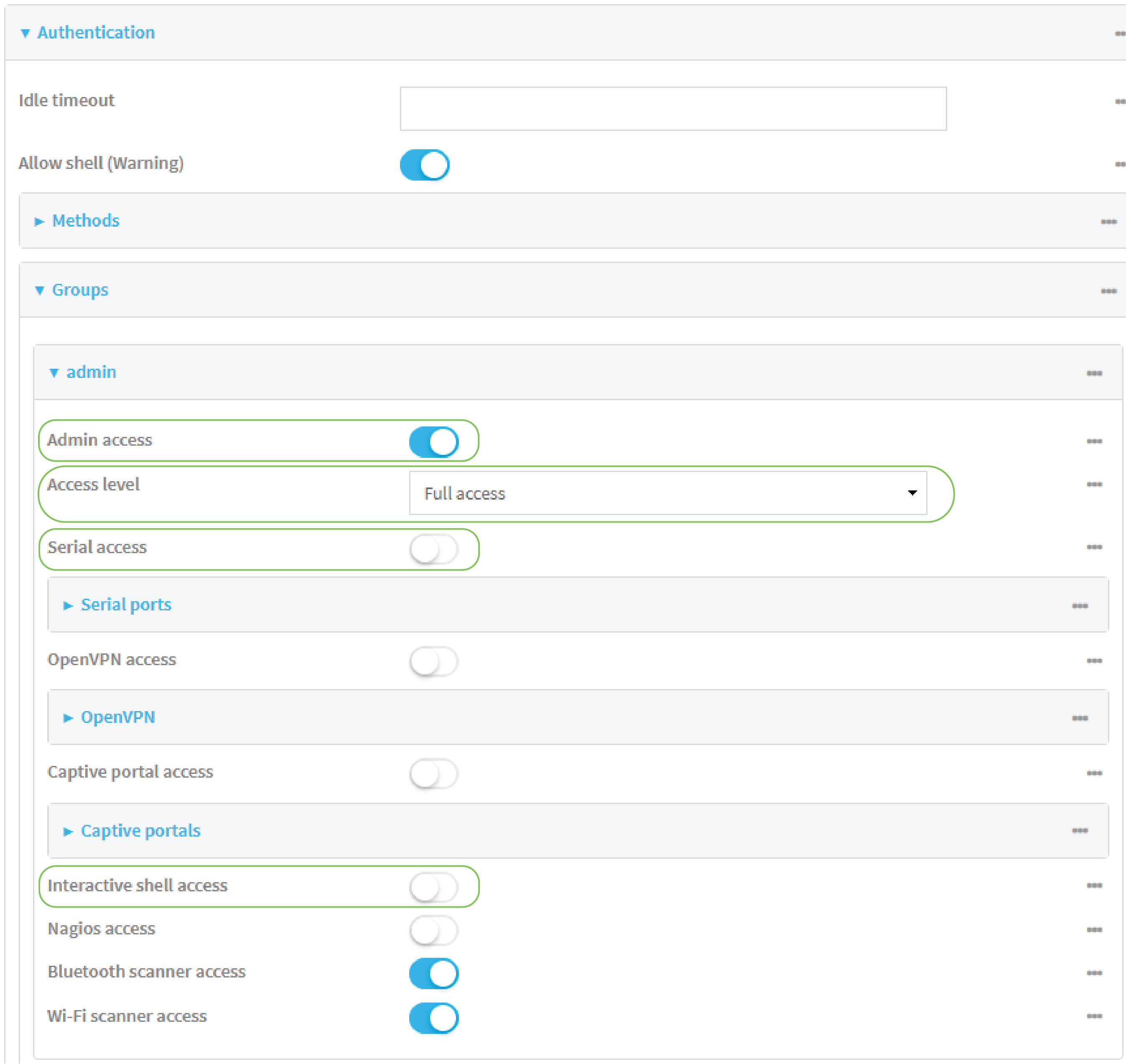 Change the access rights for a predefined group